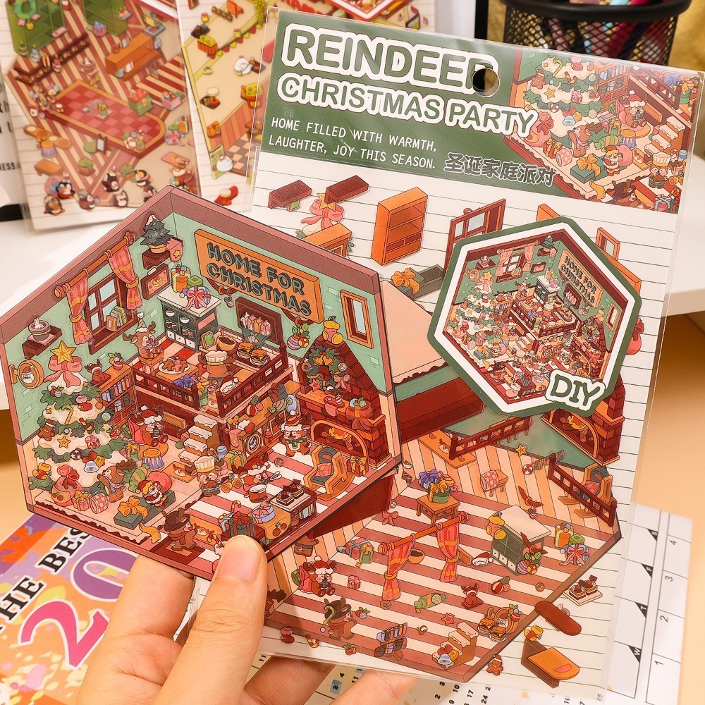 Cartoon Christmas Theme 3D Micro Scene Sticker DIY Pocket Cabin ...