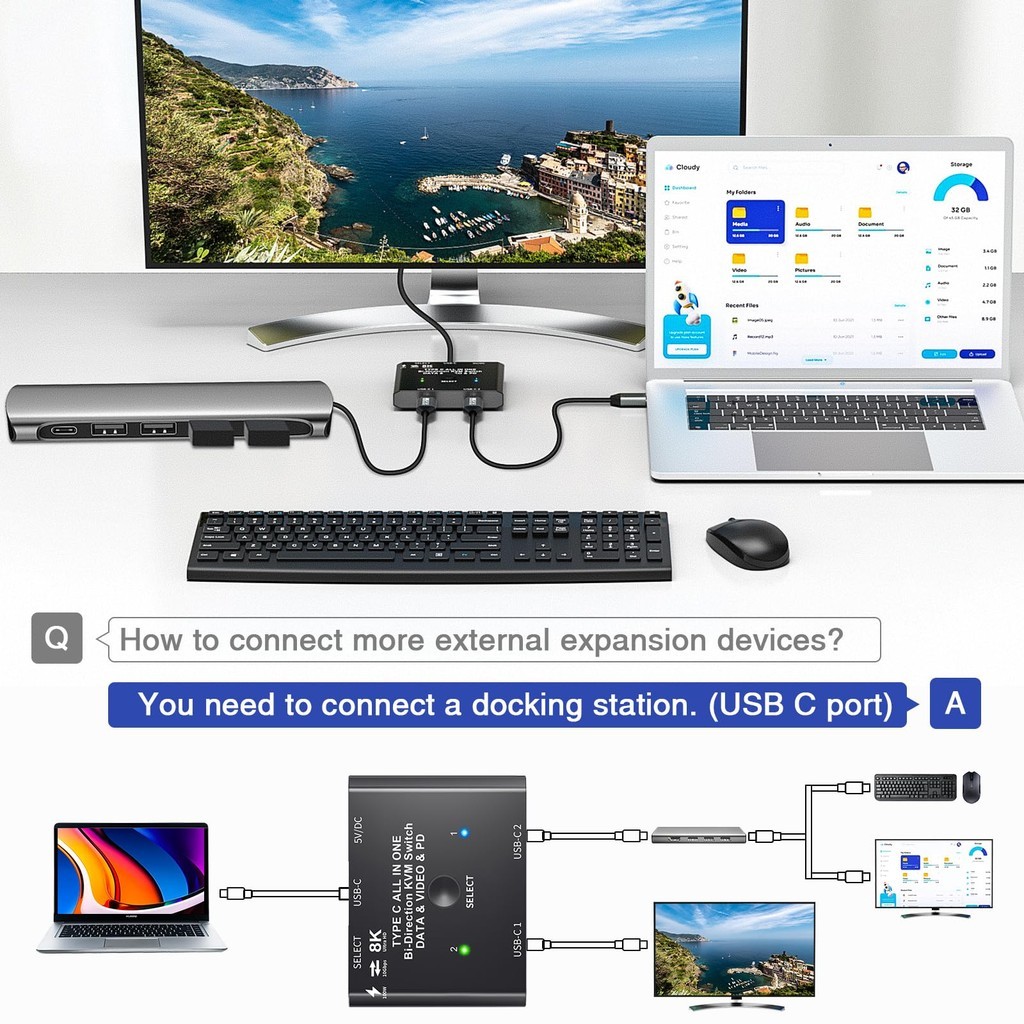 Usb C Switch 8k Bi Direction 1x2 2x1 Splitter Type C Kvm Video Switcher 10gbps Data Transfer Pd