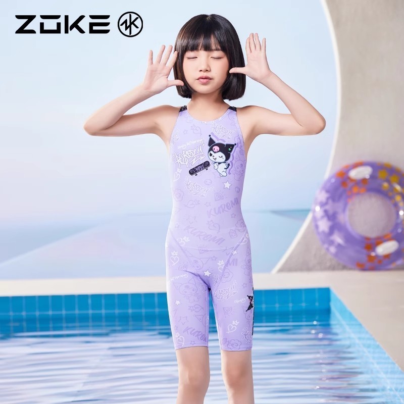 ZOKE Kuromi Girls Kids Training Swimsuit One-Piece 5-Point Quick-Dry Competition Swimwear New ...