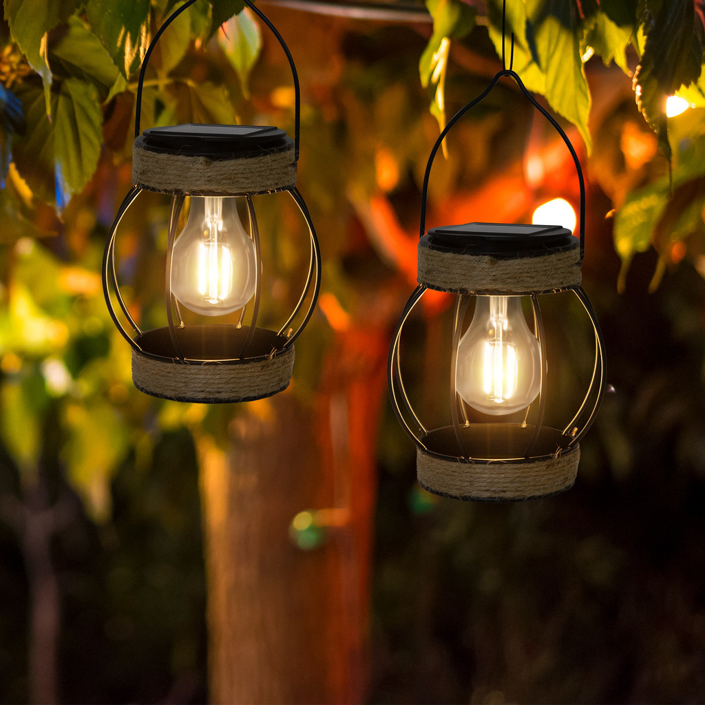 Solar Light Outdoor Waterproof Lanterns with Bulb Hanging Retro Hand ...