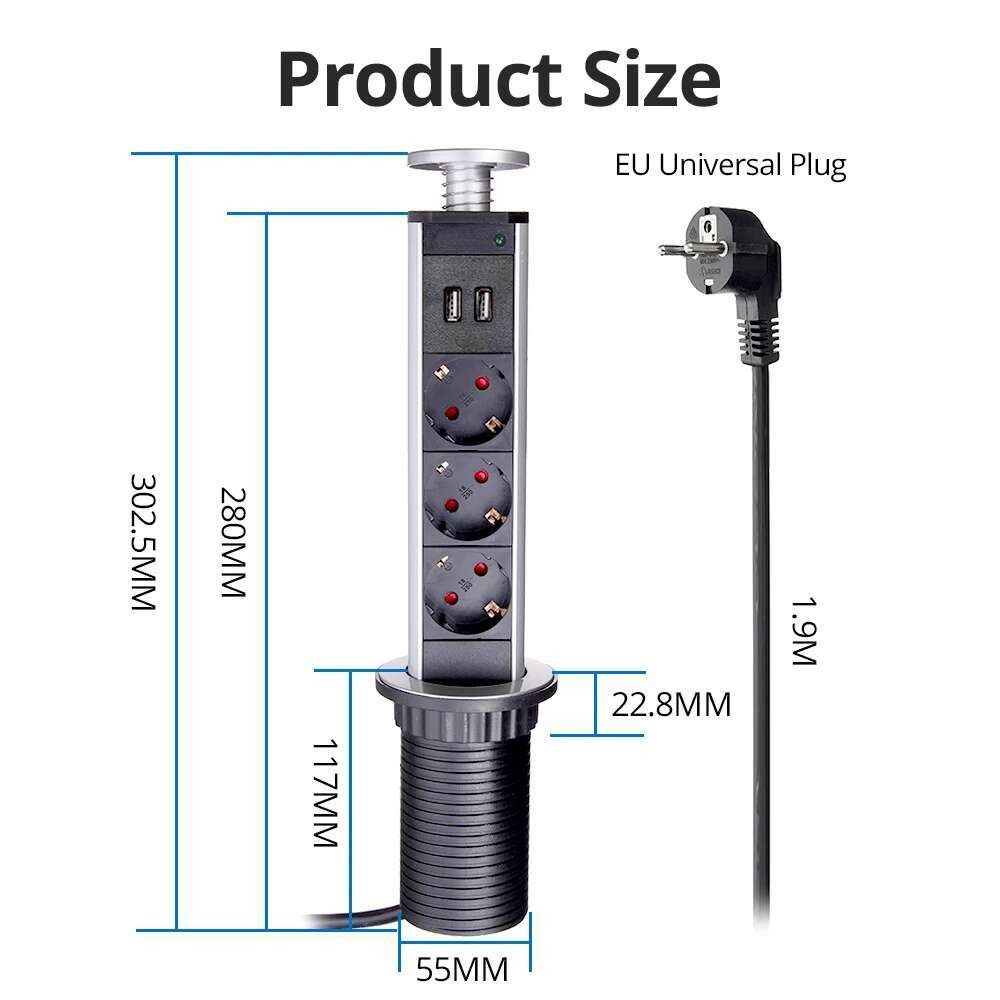 Pull Wallpad Pop Up Desop Socket 3 Outlets 2.4A USB Charge Ports 2M ...