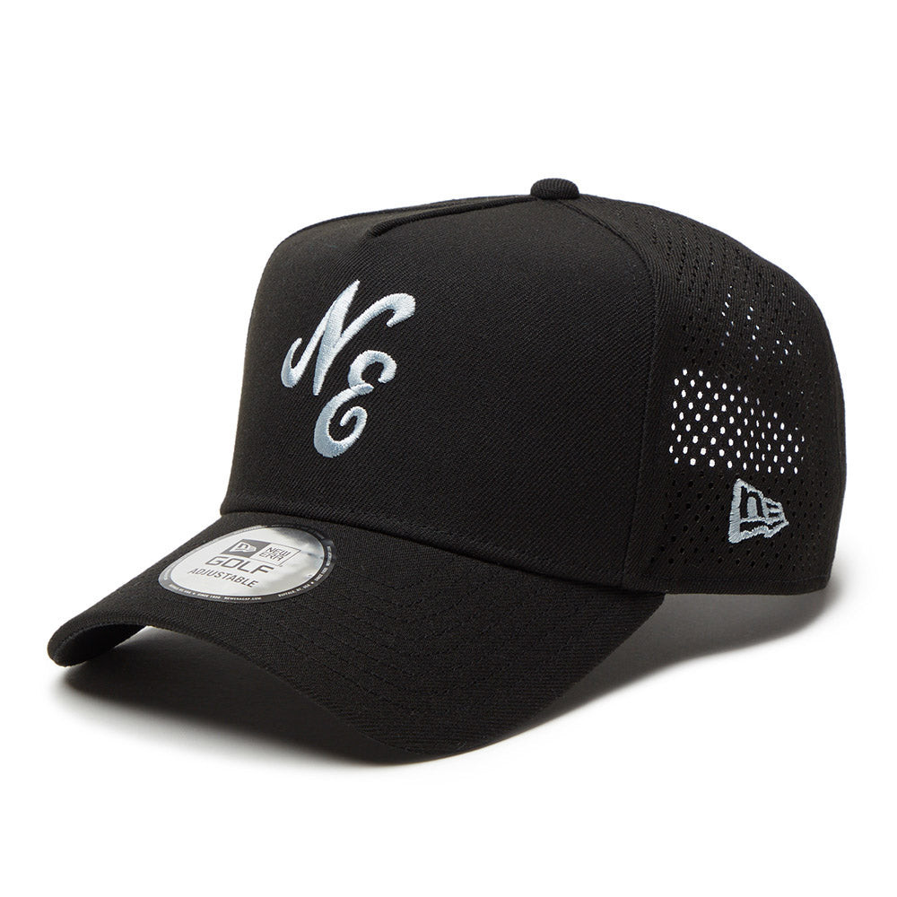 New Era Golf Script Logo Laser Black 9FORTY Trucker A-Frame Snapback ...
