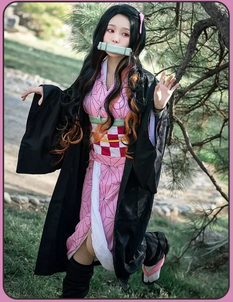 Nezuko Anime Cosplay Costume, Kimono Demon Slayer Perruques Cheveux ...