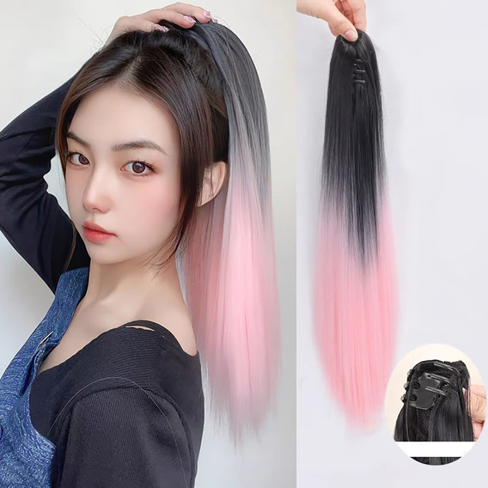 Y2K Girls Highlight Color High Ponytail Clip-on Wig Natural Women ...