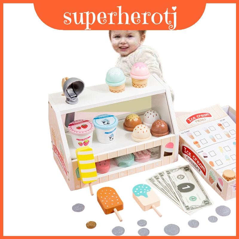 Cream Wooden Ice Shop Pretend Play Toy Set For Kids Mini Role Play Ice ...