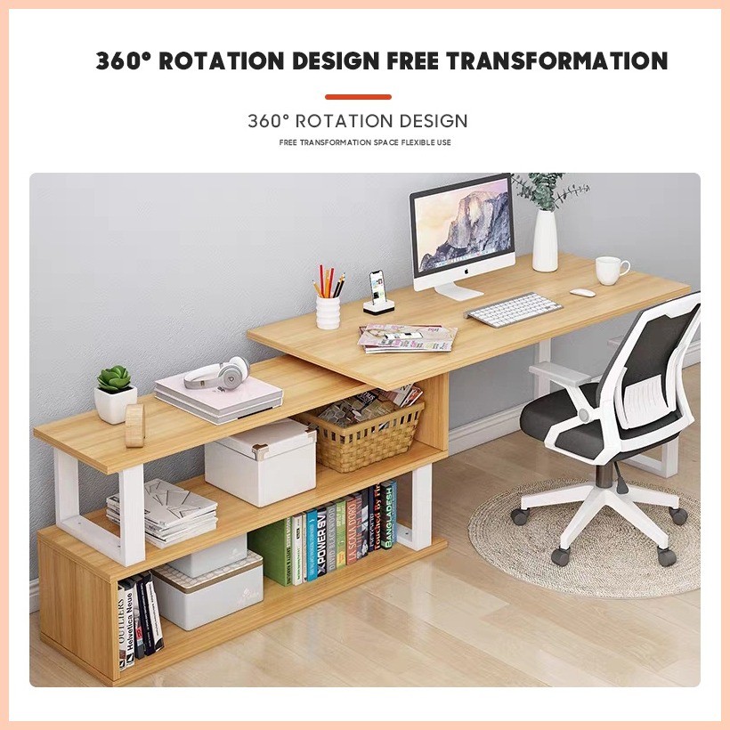 ∈ COD Computer Table Study desk 3-layer bookshelf 360°rotating ...