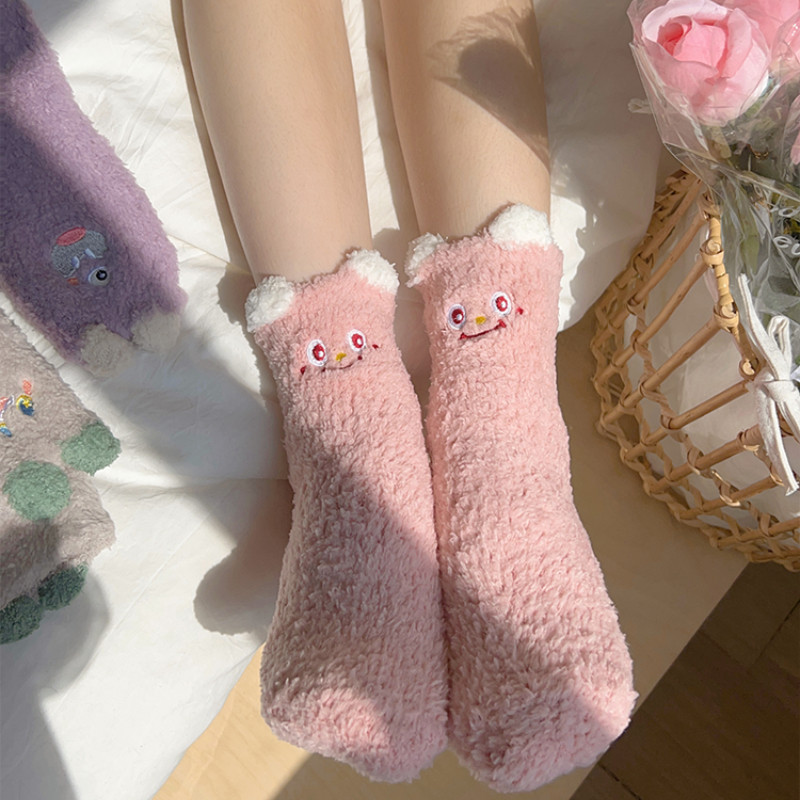 Cute Coral Fleece Socks for Women Autumn and Winter Plush Cotton Long ...