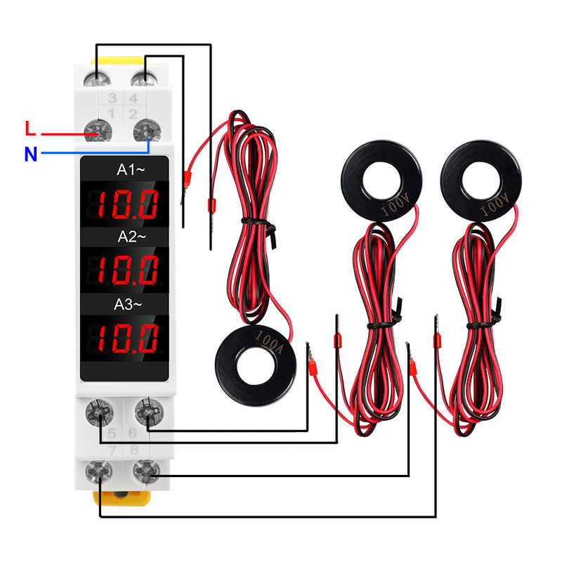 SDM010A 9 Din Rail Three Phase AC80-500V Ammeter LED Current Meter Monitor 100A Ampere Meter ...