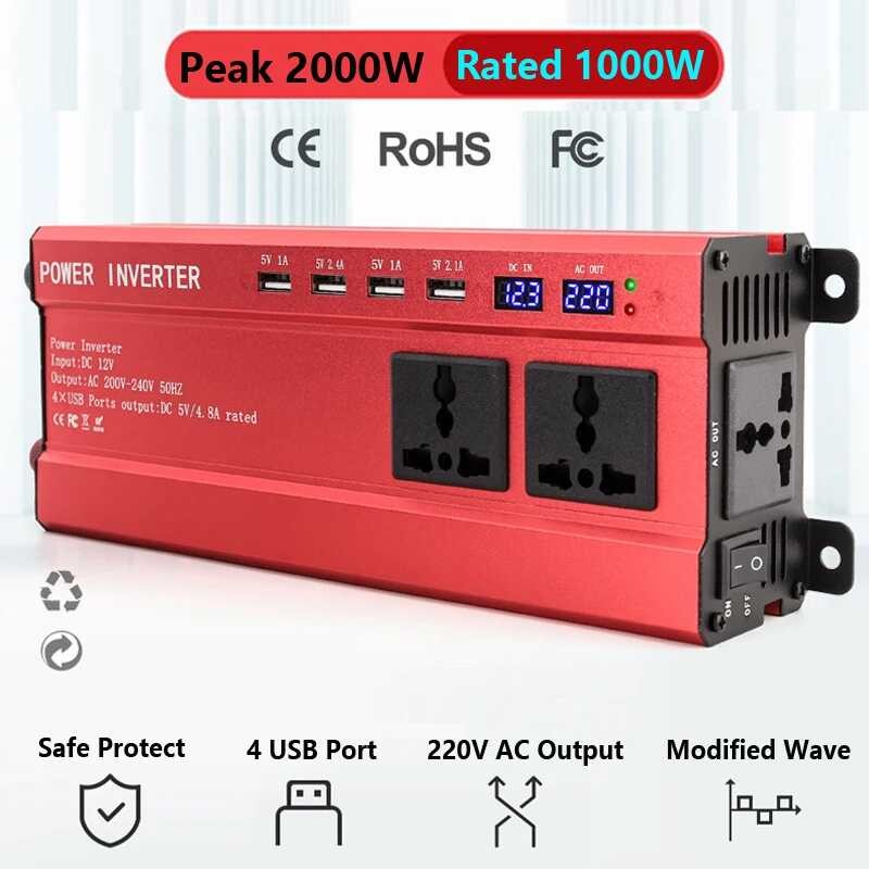 2000W EAFC 1200W Screen Display Inverter 12V To 220V Transformer 3 ...