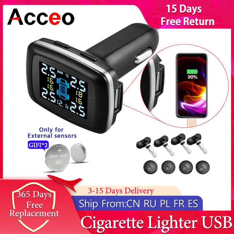 ACCEO Smart Cigarette Lighter USB TPMS Car Tire Monitor System 4 Sensors Display Tyre Pressure ...