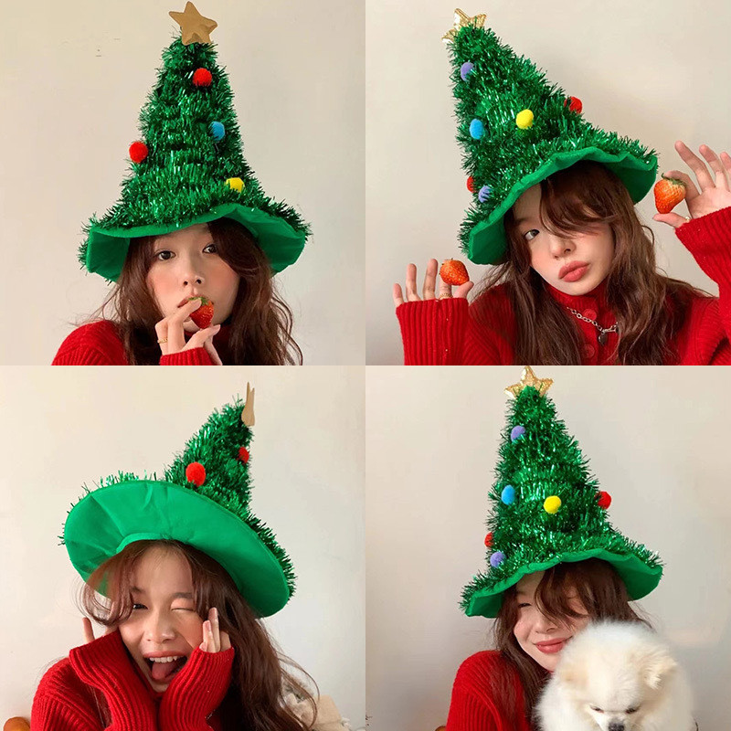 Shiny Silk Tinsel Christmas Tree Hat Star Glittering Xmas Tree Hat for ...