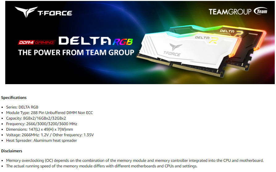 TEAMGROUP Delta RGB DDR4 8GB 16GB 3200MHz 3600MHz Desktop Gaming Memory ...