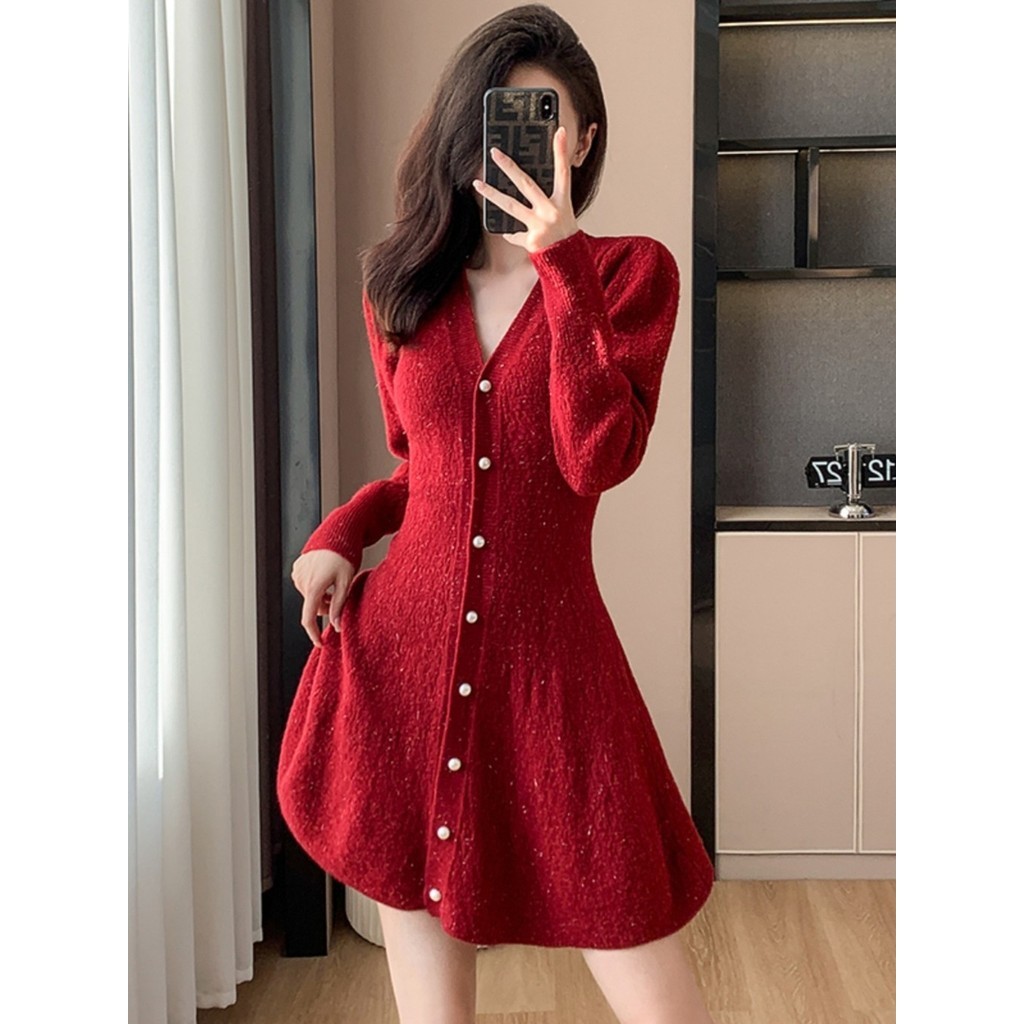Botton A E Mini Knitted Dress V-Neck Elegant Long Sleeve Korean Red ...