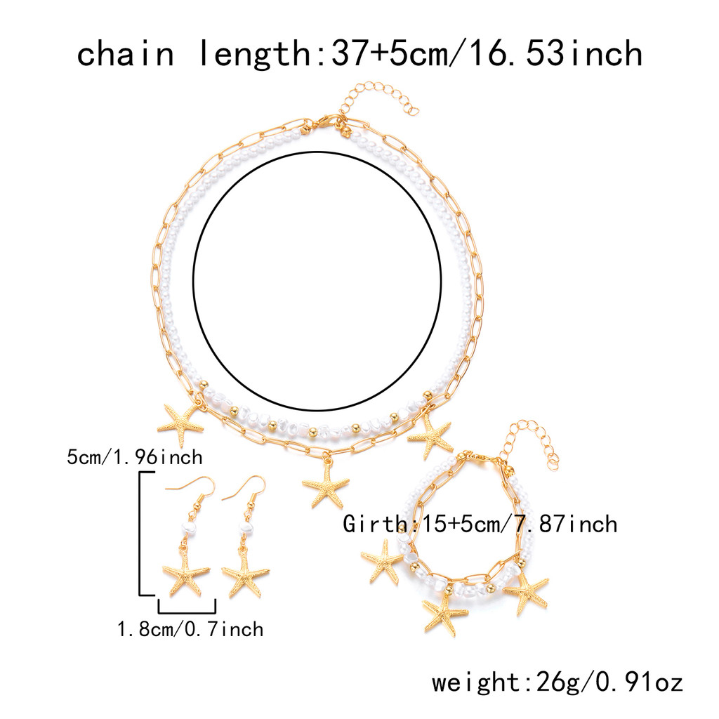 1 Sets Boho Coastal Starfish Jewelry Set Golden Rhinestone Seashell Necklace Bracelet Earrings ...