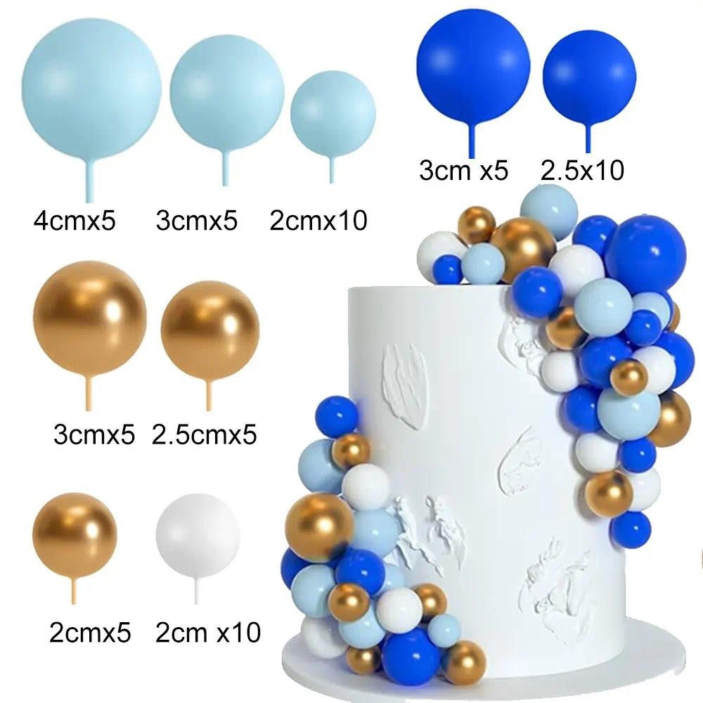 60Pcs Blue Balls Cake Toppers Insert White Gold Baby Navy Blue Cake ...