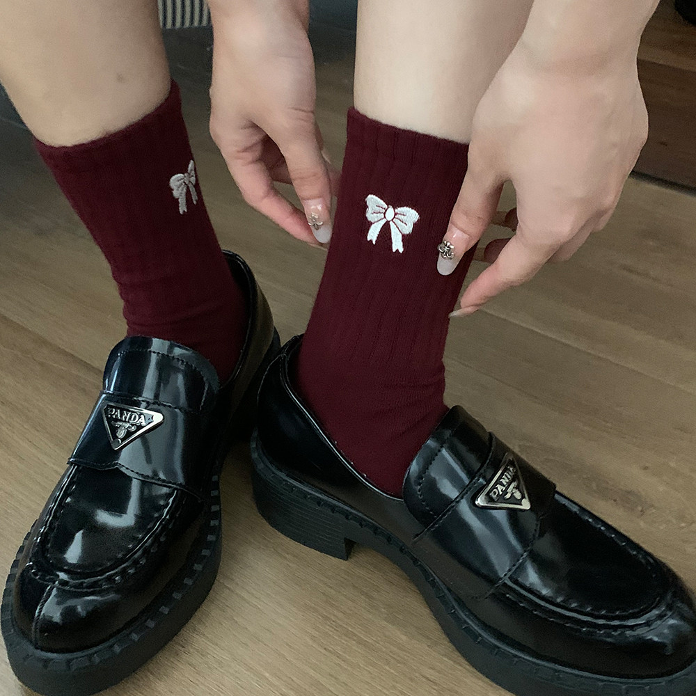 Trendy Fashion Red Girls Embroidery Bow Cute Socks Long Breathable ...