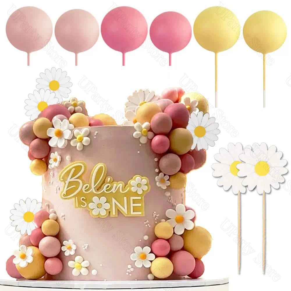 50Pcs Boho Cake Toppers Blush Pink Yellow Balls Daisy Flowers Cake ...