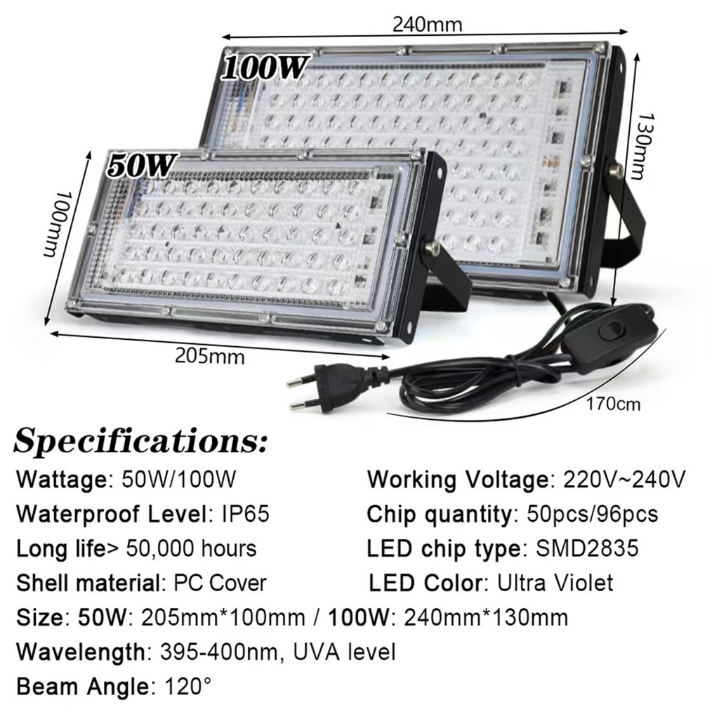 Led UV Floodlight 50W 100W 395nm Floodlights Purple Ultraviolet 220v Germicidal Lamp Fluorescent ...
