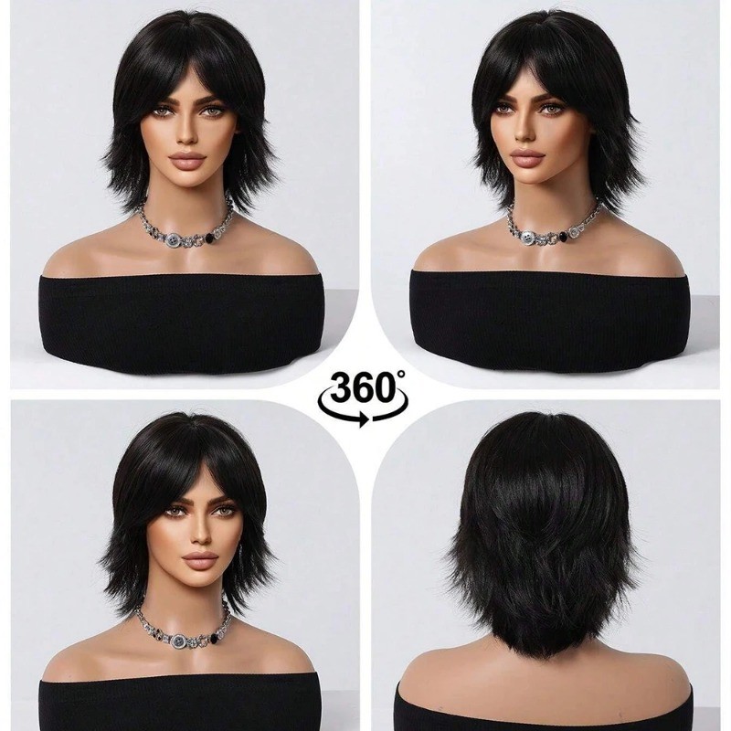 Short Black Synthetic Wigs Bob Straight Pixie Cut Cosplay Wig for Women ...