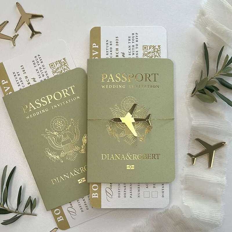 Yy 30/55Pcs Sage Green Invitation, Custom Paper Passport Tickets In ...