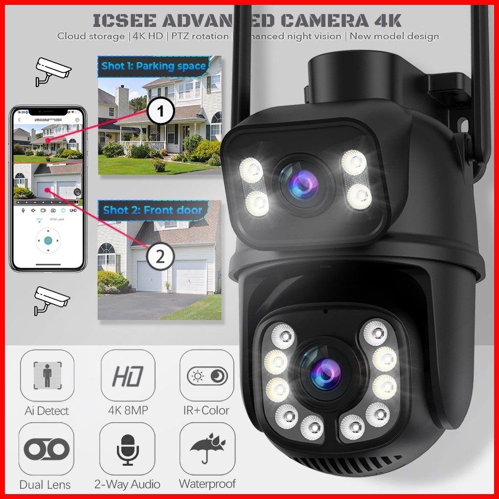 ♈ ICSEE Security Camera 8MP 4K Dual-Lens CCTV No WIFI Needed Ai Night ...