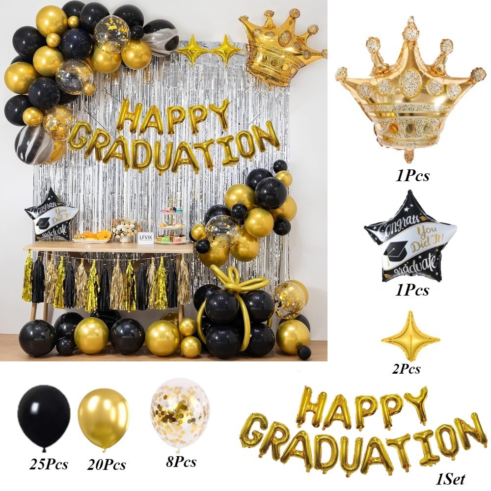 2025 Happy Graduation Balloon Set Crown Foil Balloon Balck Gold Latex ...