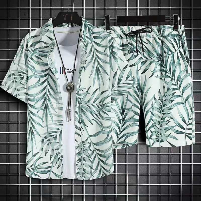 Hawaiian wer Shirt Men's Short Sleeve Loose Large Beach Shirt Set ...