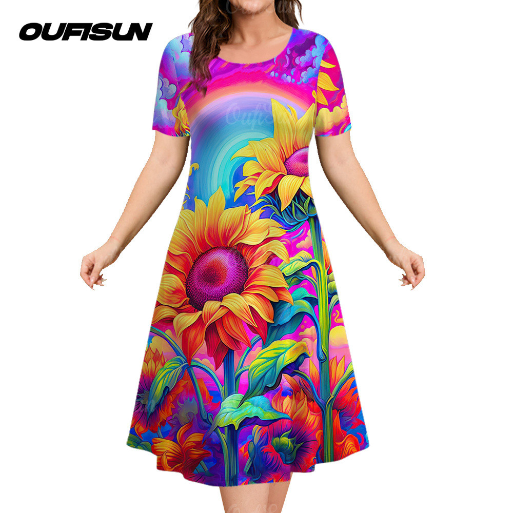 2025 New Beautiful Women's Dress Colorful Sunflower Print Sublimation ...