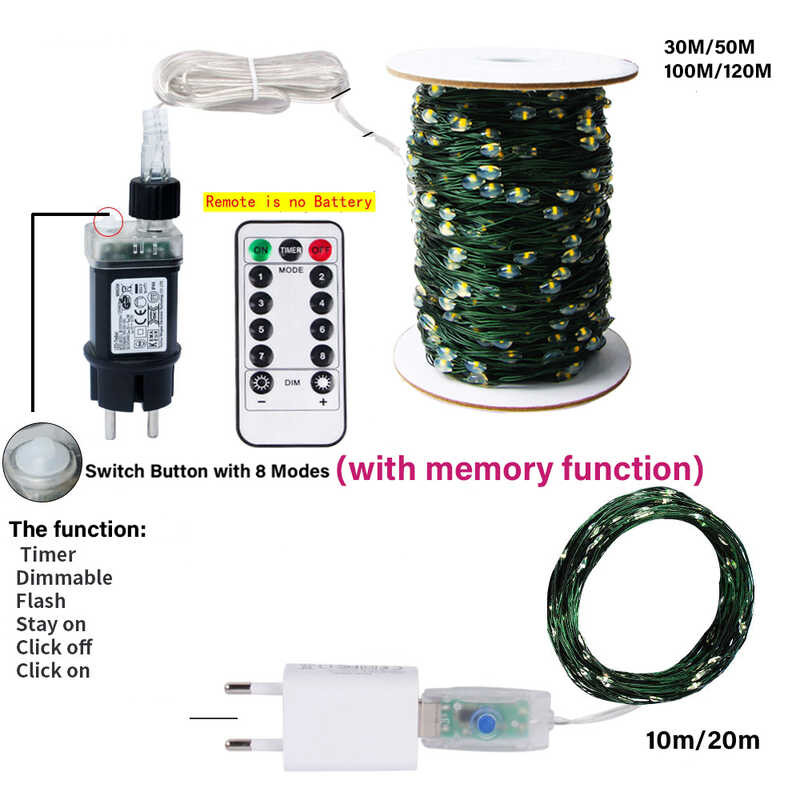 100M 50M LED String Sier Wire Fairy Lights Garland For Outdoor New Year ...