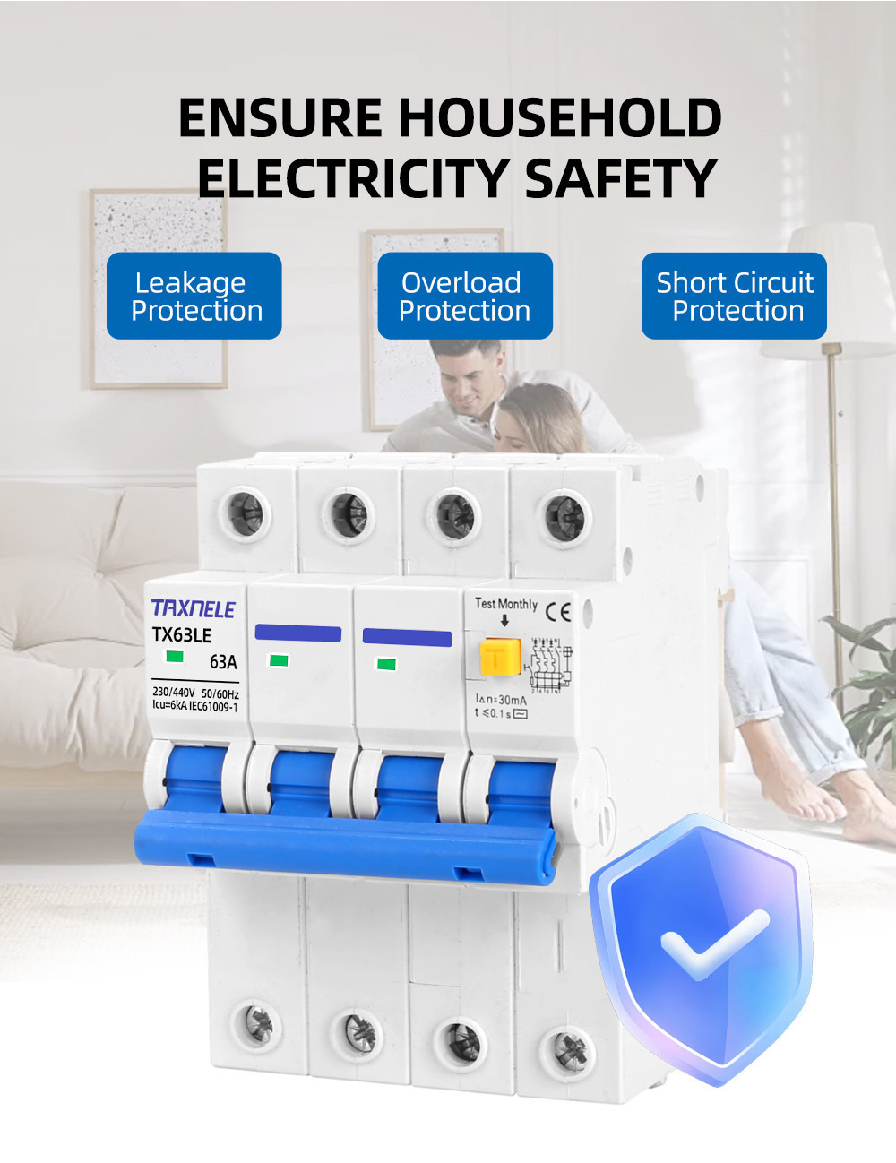 Overload Short Circuit Protection 2P 4P 30mA Residual Current Circuit ...