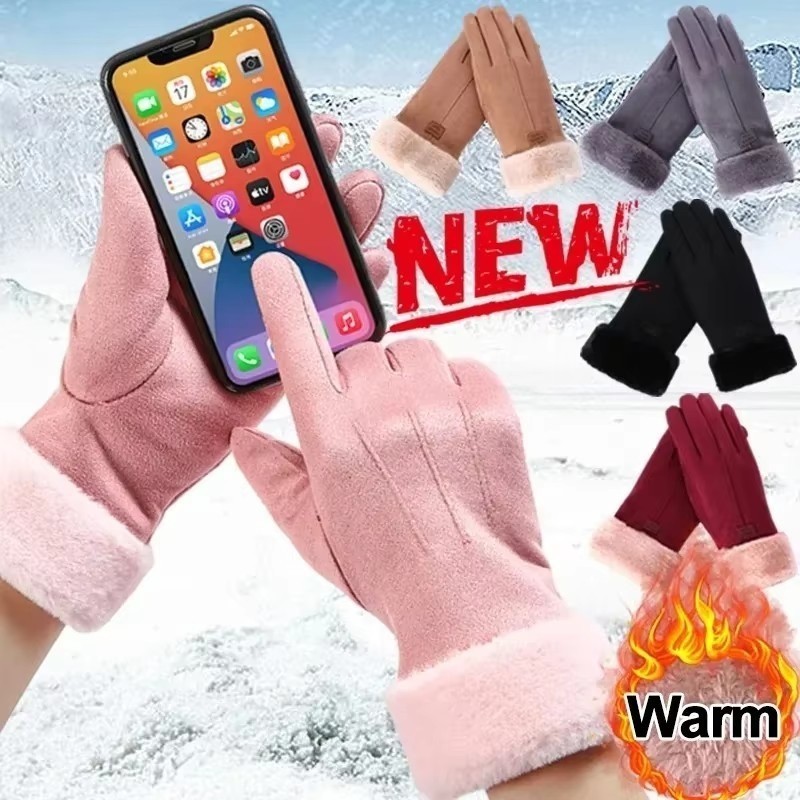 Autumn Winter Plush Warm Touch Screen Full Finger Mittens Women Girls ...