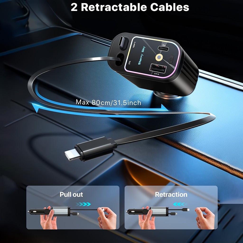 4-in-1 Super Fast Car Charger, Dual USB Ports, Starry Sky Car Charging ...