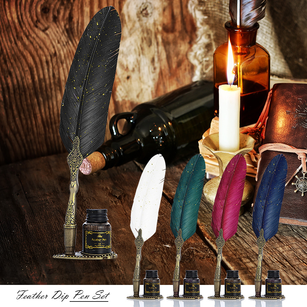 1 Set Retro Classic Texture Practical Calligraphy Feather Dip Pen Quill ...