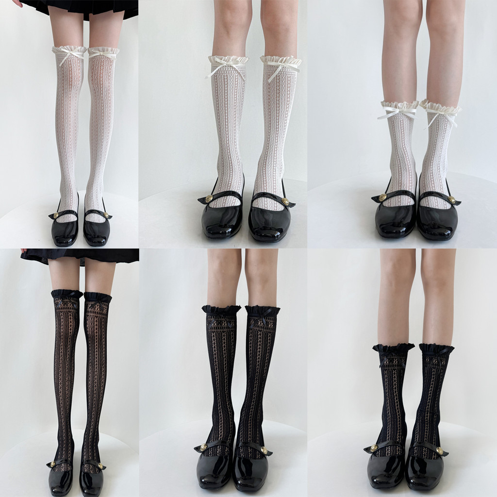 Y2K Mesh Hollow Fishnet Bow Socks Japanese JK Mary Jane Lace Ruffled ...