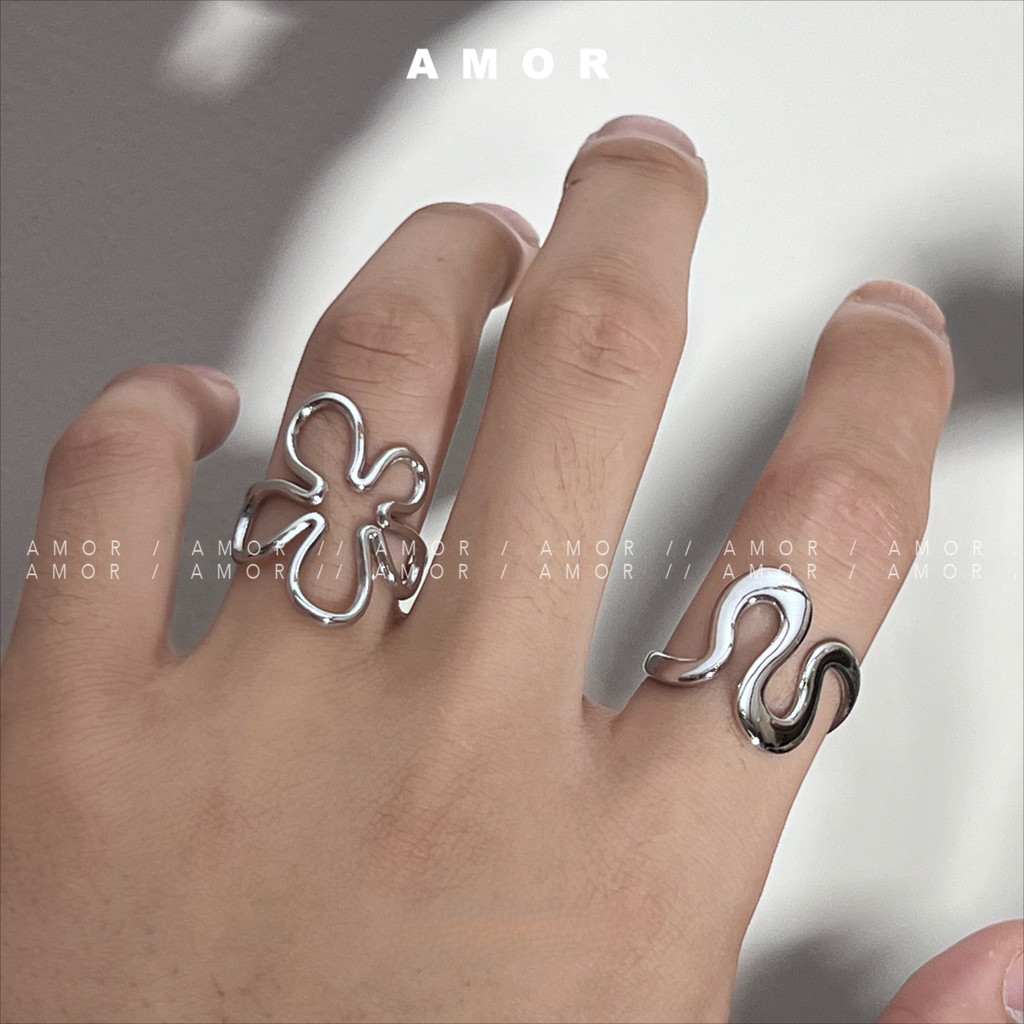 Irregular lines, geometric shapes, metal waves, flower shaped titanium steel rings, trendy men's ...