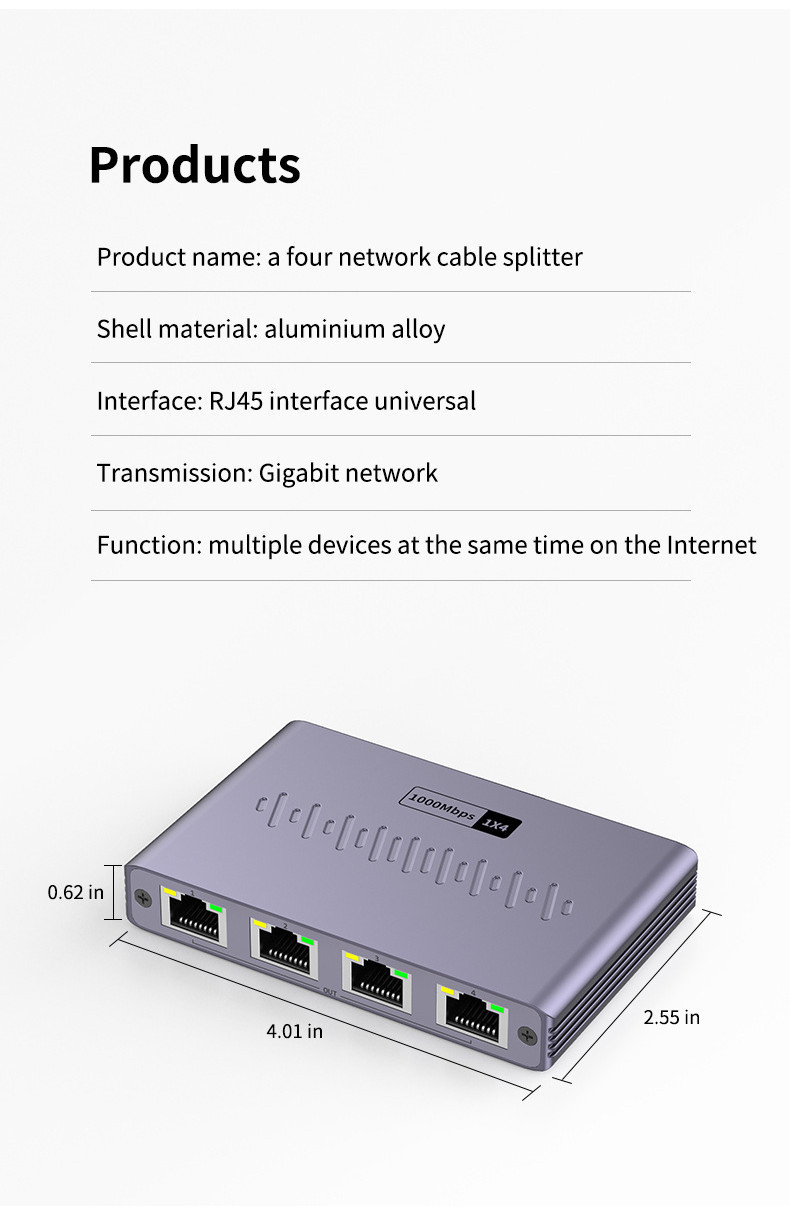 4Port 1000Mbps Network Splitter 1 in 4 Out Gigabit Ethernet Adapter ...