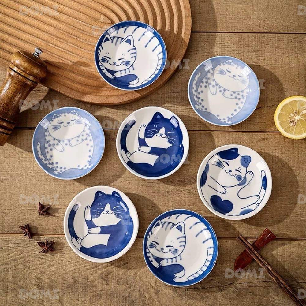DOMI Japanese Small Ceramic Plate Cute Cats Design Dipping Sauce Mini ...