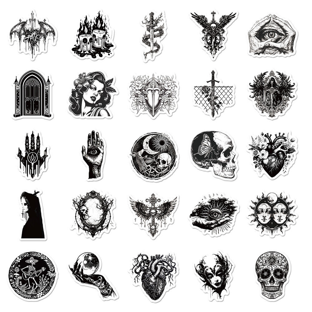 100 new black and white Gothic doodle stickers, featuring unique and ...