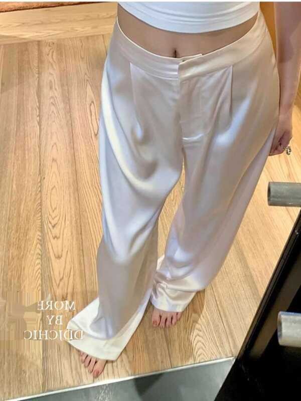 White satin kababaihang malinis pantalon sa sahig na gawa ng sutla ...