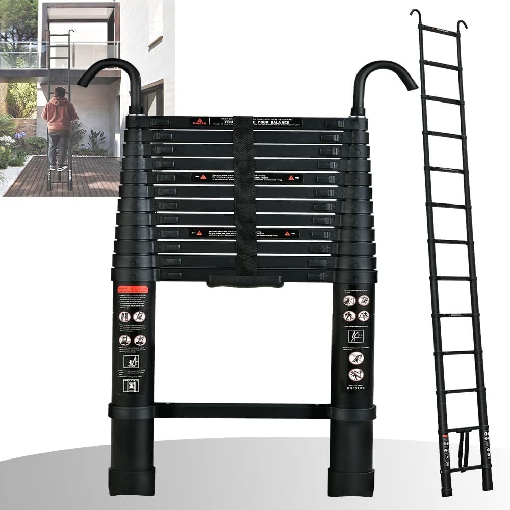 3.8M Telescopic Ladder with hooks, 12.5FT Black Multi-Purpose Folding ...