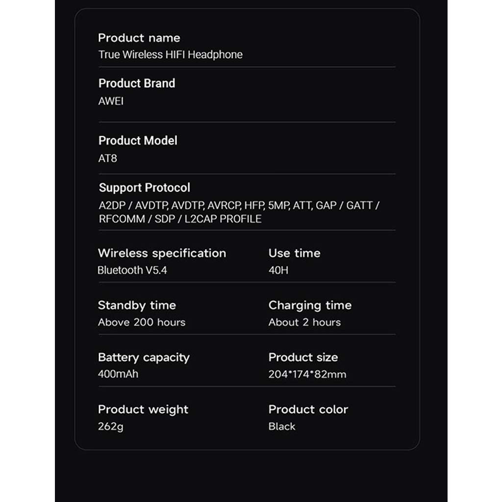 Awei AT8 True Wireless Wired HiFi Headphone Bluetooth 5.4 Support FM ...