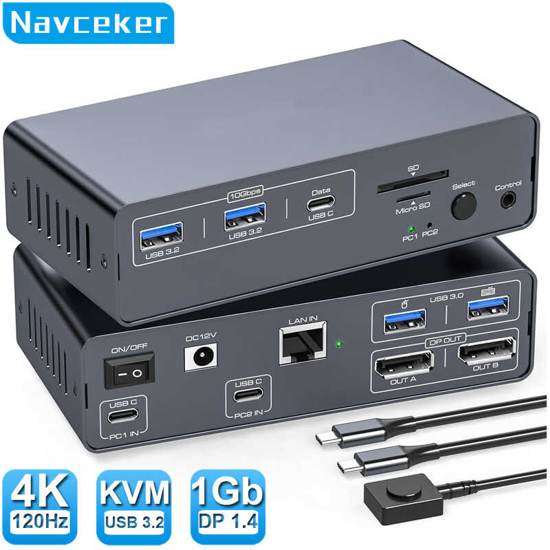 Navceker 8K Usb-C Thunderbolt KVM Switch 4K 120Hz Laptops Monitor Type ...