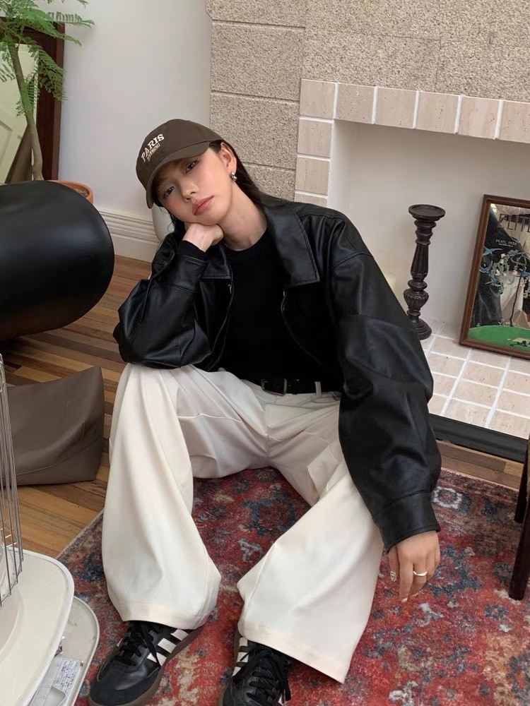 Autumn 2024 Korean Version Leather Jacket Top American Retro Brown ...