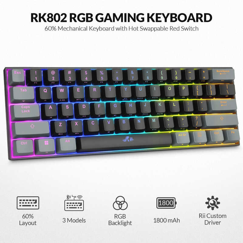 60% Rii Wireless/Wired Gaming nical Keyboard, RGB Backlight Red Switch ...