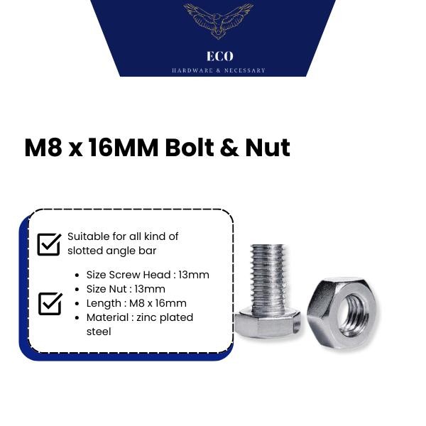 ECO HARDWARE Skru Rak Besi Lubang Slotted Angle Bar Bolt Zinc Plated M8 ...
