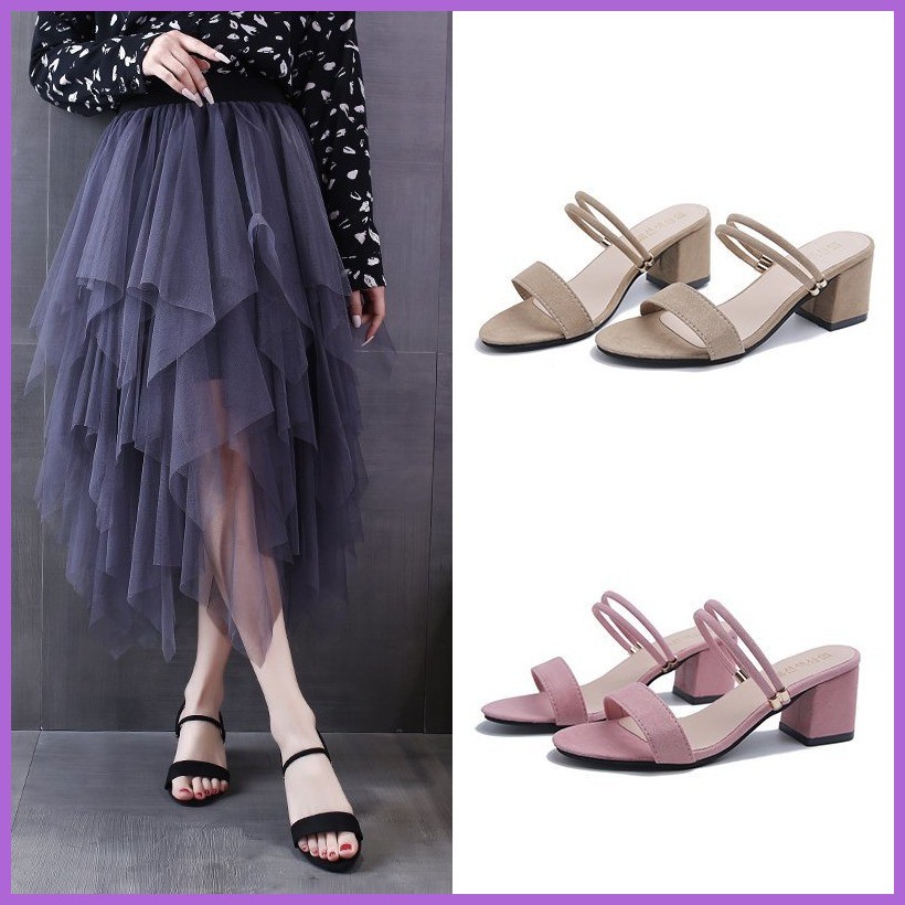 ஐ Omyshoes Korean Suede High 2.5 inch Block Heels Sandals (One Shoe Two ...