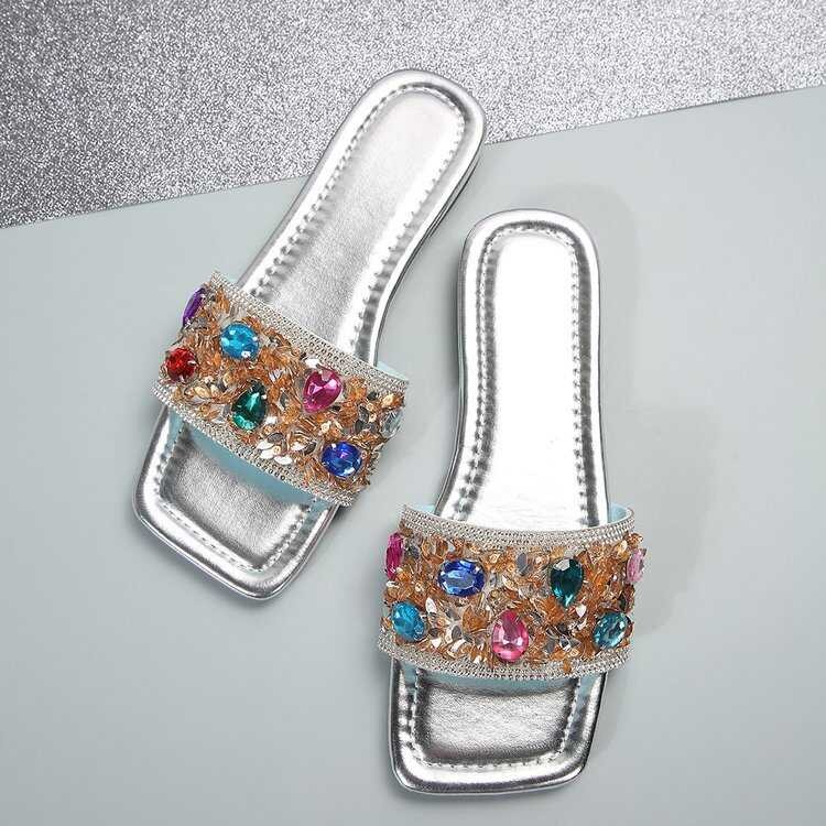 ed Rhinestone Slippers For Women, One Word Out Flip Flops, Exposed Toe ...