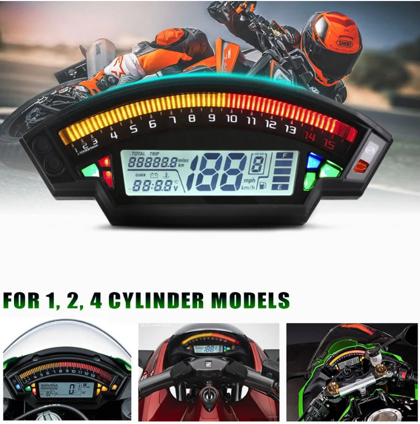 Universal Motorcycle Speedometer 199Km/H Rev Counter 15000R 6 Gear Fuel ...