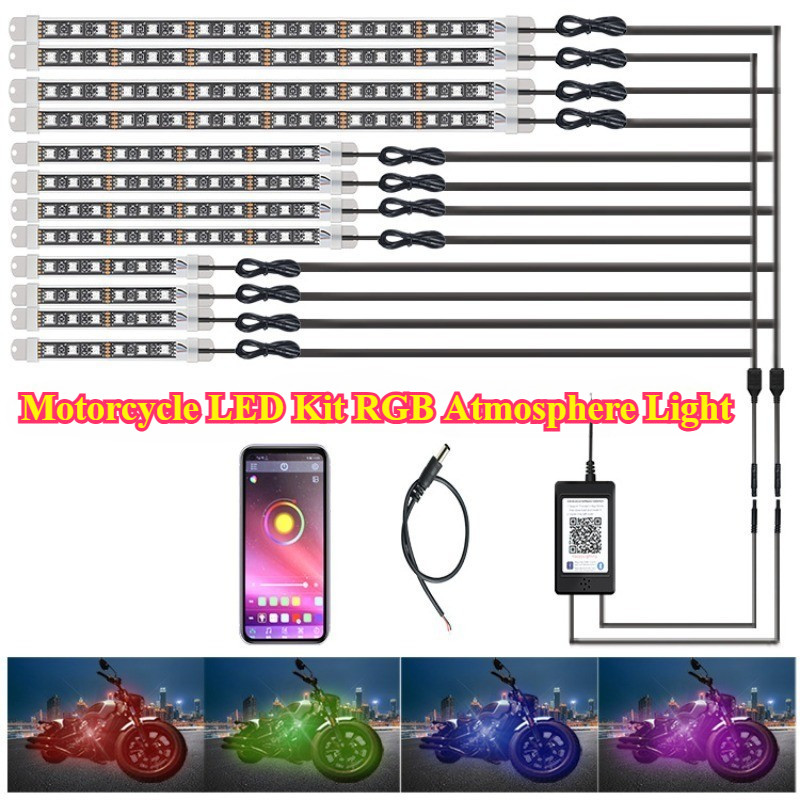 1 in 8/12/16 Motorcycle LED Kit 12V APP Control RGB Atmosphere Light ...