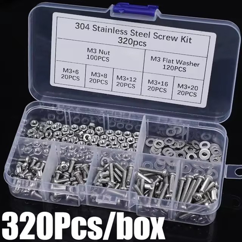 320Pcs/Box M3 Screw Nut Kit / Stainless Steel Hex Bolts Nut Flat Washer ...